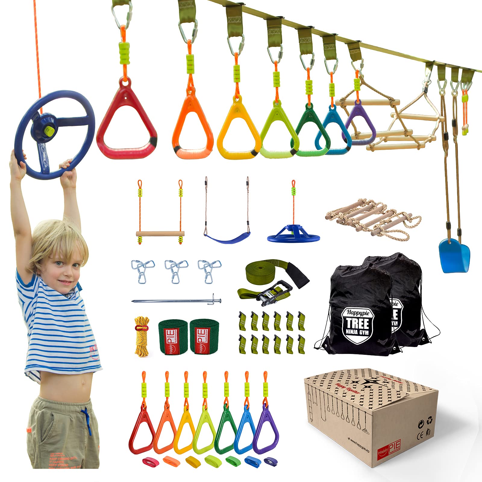 HAPPYPIE Ninja Warrior Obstacle Course Training Equipment for Kids, 46 FT Slackline with 11 Obstacles, Gymnastics Set Including Monkey Bars Zipline Swing Ninja Slackline for Backyard Boys Girls Age 6+