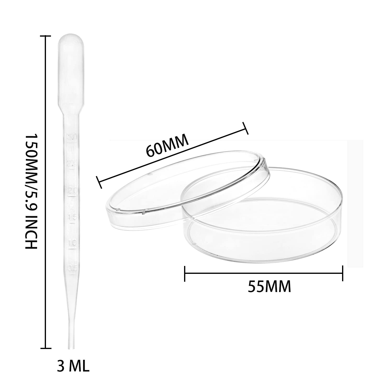 Bekith 100 Pack Plastic Petri Dishes with Lids, 60mm Dia x 15mm Deep Sterile Clear Petri Dishes with 100Pcs Plastic Transfer Pipettes (3ml) for Lab, Science, Experiment