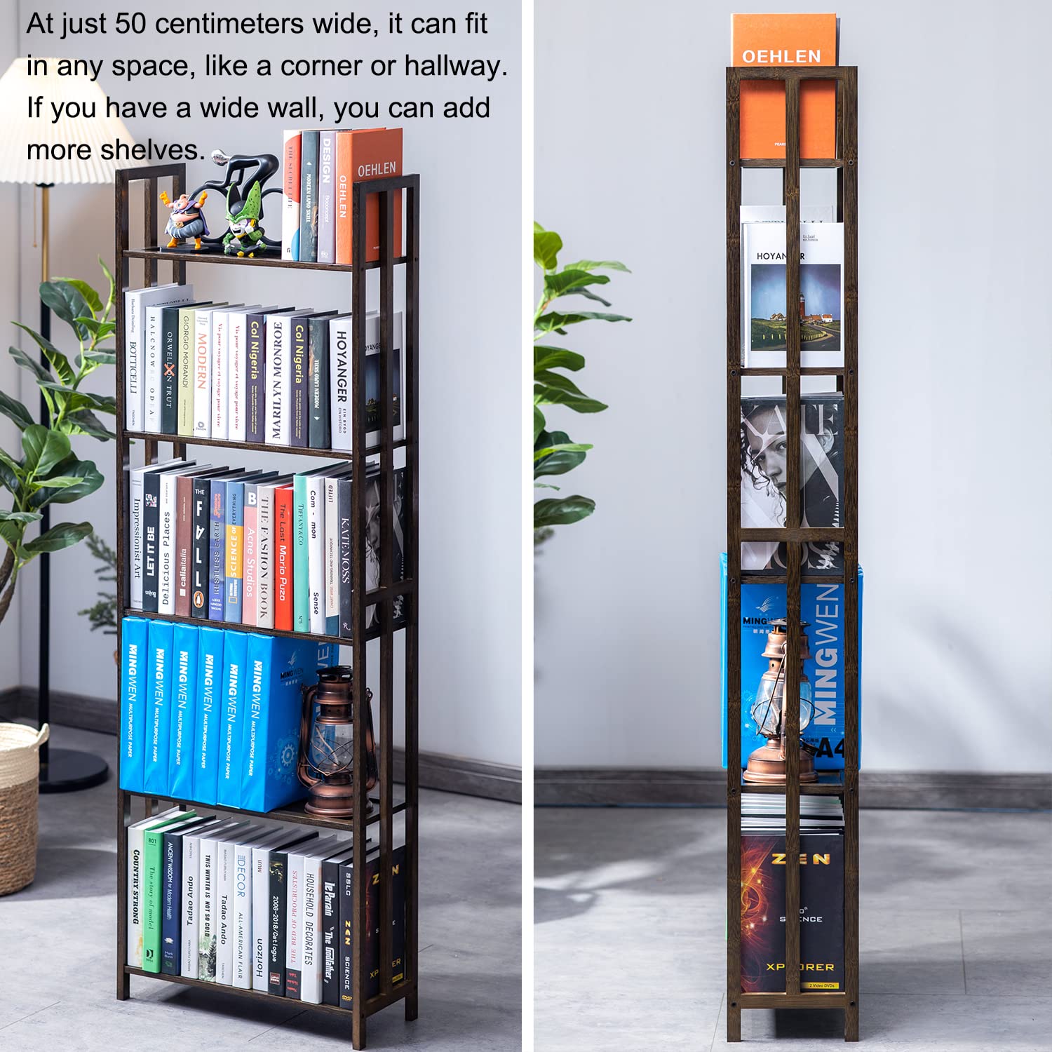 COPREE 5 Tier Rolling Bookcase, Bamboo 360 Rotating Bookshelf, Freestanding Storage Organizer Holder Book Rack with Wheels for Bedroom, Living Room Home and Office