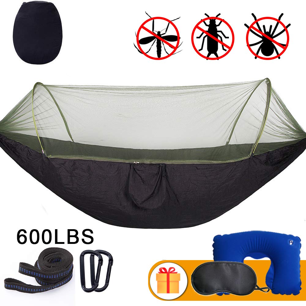 Anxin Camping Hammock with Mosquito Bug Netting,Packable Hammock with Tree Straps and Carabiners,Parachute Nylon Hanging Swing Hammock for Backpacking, Survival, Travel & More(Single & Double)-Black