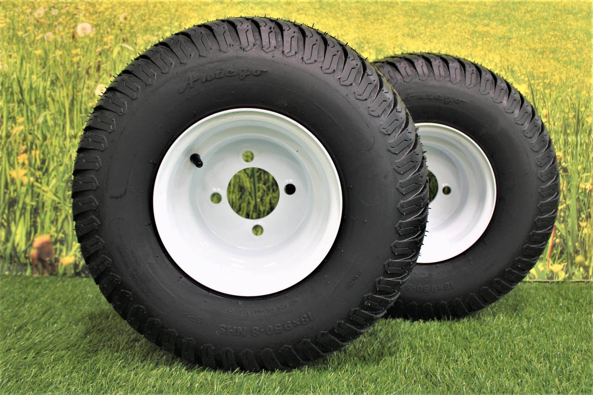 Antego Tire & Wheel - Set of Two 18x9.50-8 4 Ply Tire & Wheel Assemblies | White 8x7 Wheel | Direct Replacement for Toro/Exmark 110-6883, 120-2249 | Suitable for Golf Carts & Some Craftsman Mowers