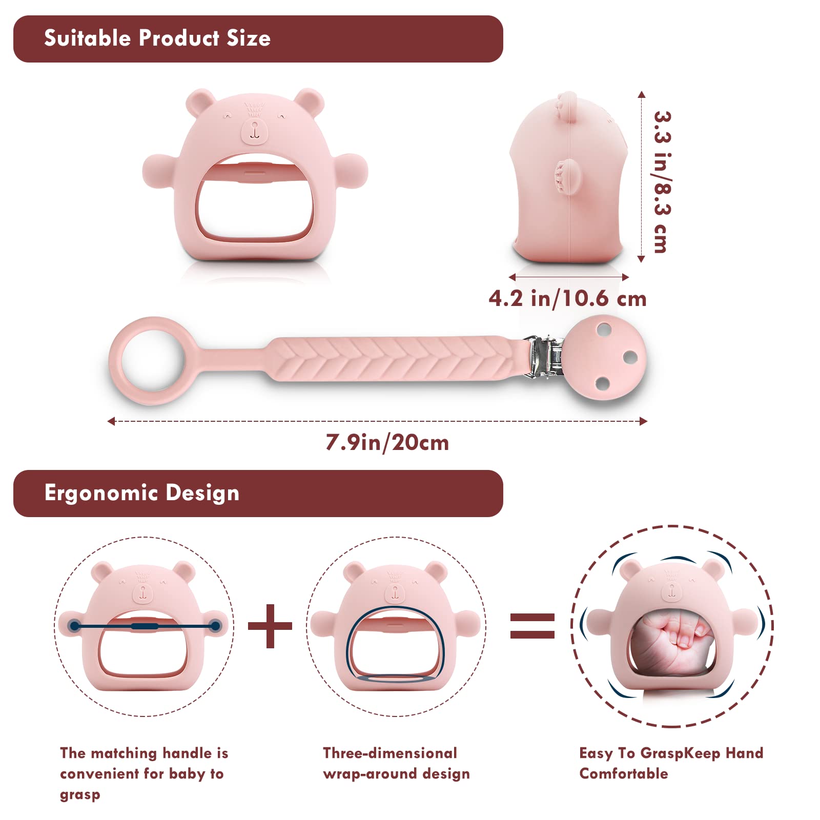 Baby Teether for 0-6 Months 2 Pack Never Drop Baby Teething Toys for 6-12 Months+1 Pack Pacifier Clip,Silicone Baby Chew Toys for Infant Sucking Needs,Baby Toys 3-6 Month Baby Mitten Teether(Pink)