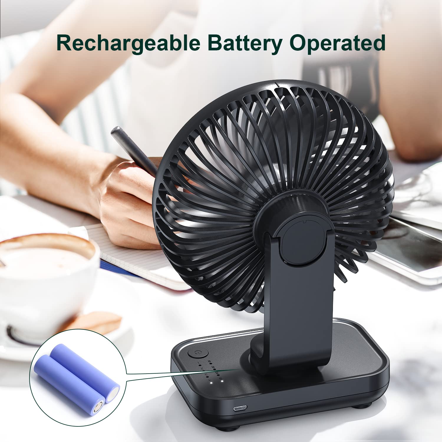 Aluan Small Desk Fan, Quiet Portable Fan, Rechargeable Battery Operated Personal Fan for Home Office Bedroom Desktop Table, 4 Speeds, Black