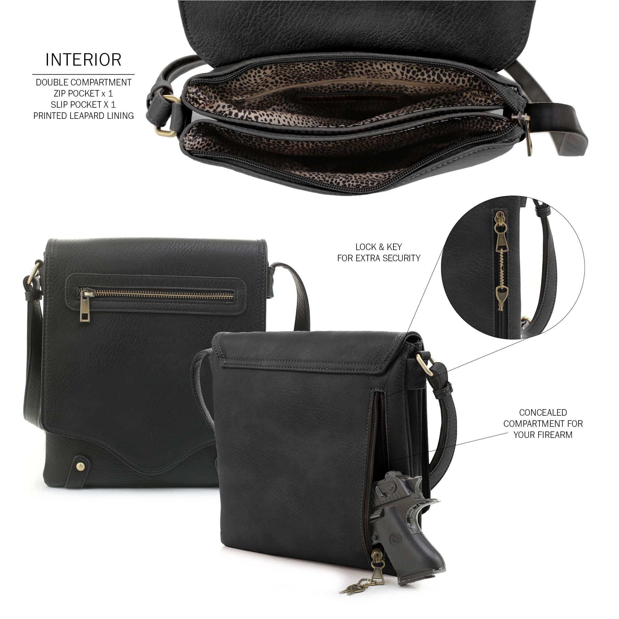JESSIE & JAMES Nora Concealed Carry Crossbody Bag with Lock and Key|BK