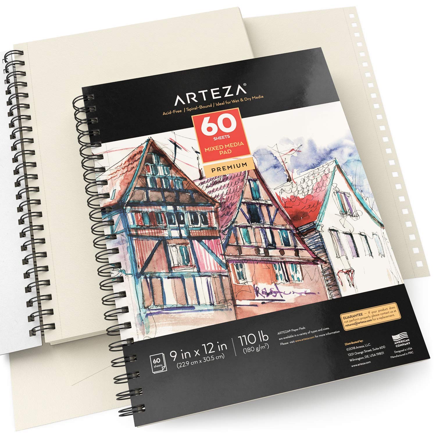 ARTEZA Mixed Media Sketchbook, 9 x 12 Inches, Pack of 2, 60 Sheets Each, Spiral-Bound Drawing Paper Pad for Wet and Dry Media