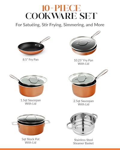 GOTHAM STEEL 10 Pc Copper Pots and Pans Set Non Stick Cookware Set, Kitchen Cookware Sets, Pot and Pan Set, Pot Set, Non Toxic Cookware Set, Frying Pan Set, Dishwasher Safe