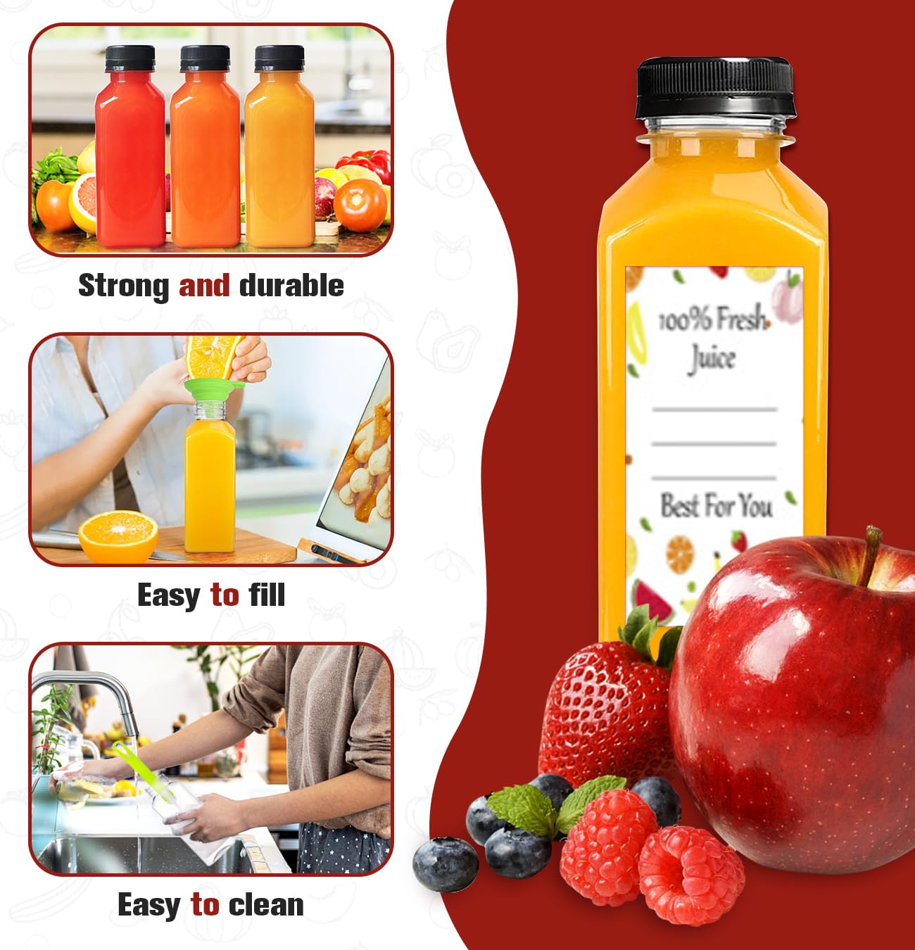 ztarraum 12pcs 12oz Plastic Juice Bottles, Reusable Juice Containers with Black Tamper Proof Lids, Brush, Funnel and Labels, Clear Juice Containers for Juicing, Smoothie and Homemade Beverages
