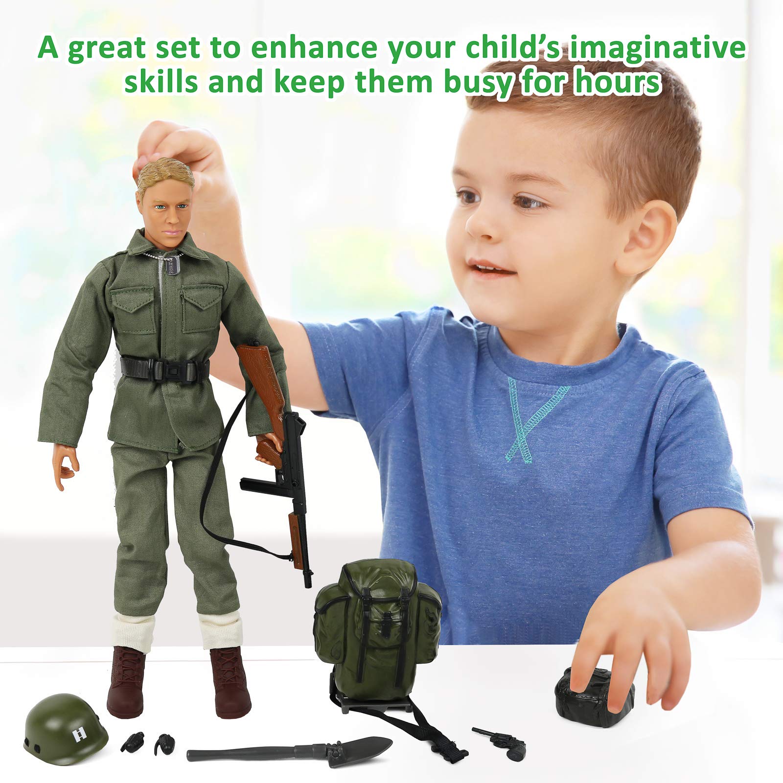 Click N' Play WWII Allies Army Infantry 12” Action Figure Plat Set with Accessories - Click N Play Military WW2 Toys