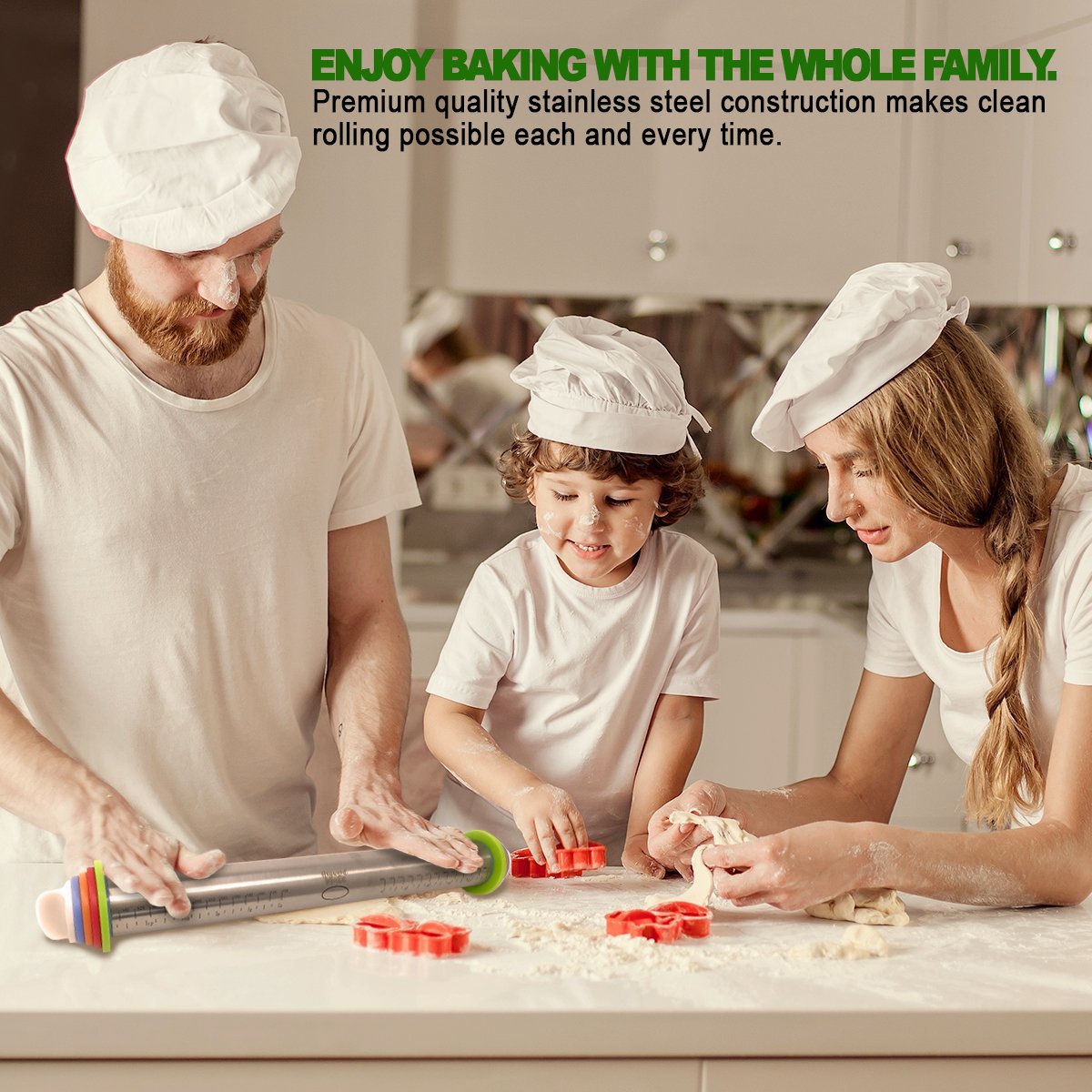 Adjustable Rolling Pin with Thickness Rings Guides - Non Stick - 17 inch Large Heavy Duty Stainless Steel French Style Dough Roller for Baking Pizza Pie Pastries and Cookies