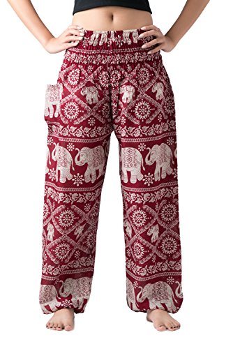 B BANGKOK PANTS Harem Pants Women Boho Clothes with Pocket (Red Elephant, One Size)