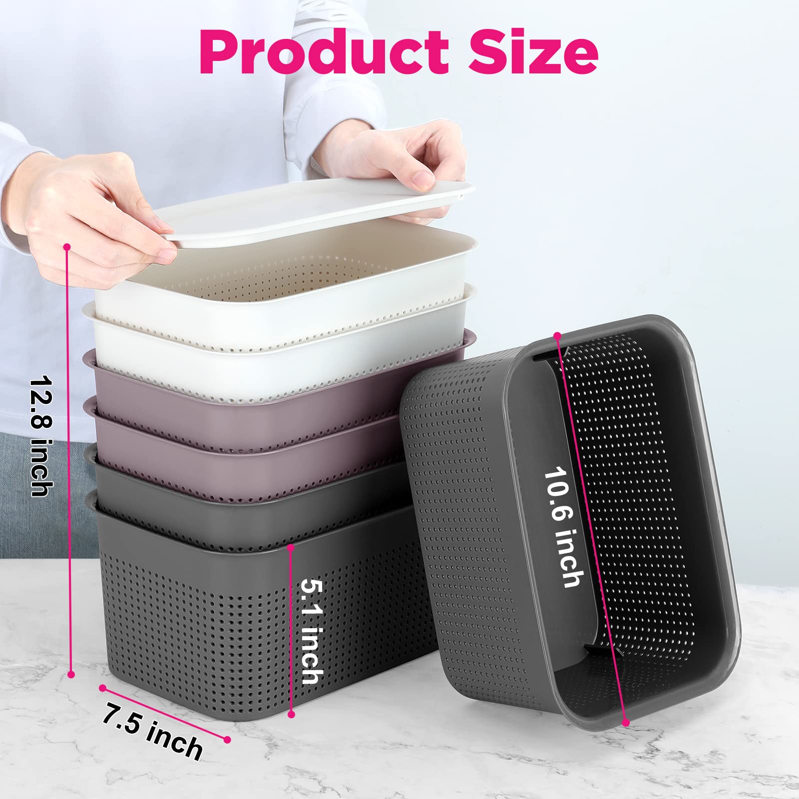 AREYZIN Set of 6 Lidded Plastic Storage Baskets + 6 Pack Clear Storage Bins Freezer Organizer Bins Pantry Organization and Storage