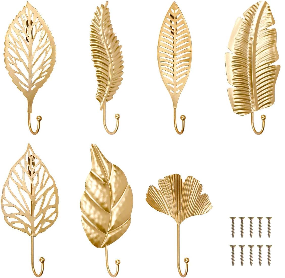 QUMENEY Decorative Wall Hooks Leaves Hooks 7 Pack, Gold Wall Hooks Hanging Key Holder Leaf Towel Hooks Wall Mounted Vintage Coat Hanger for Entryway Bathroom Bedroom Farmhouse Decoration