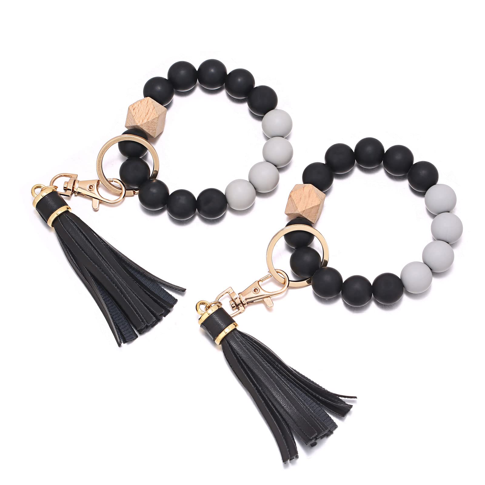 Alysha 2PCS Silicone Beaded Bracelet Keychain, Key Ring Bangle Wristlet Keychain with Leather Tassel for Women/Girls(Cow)