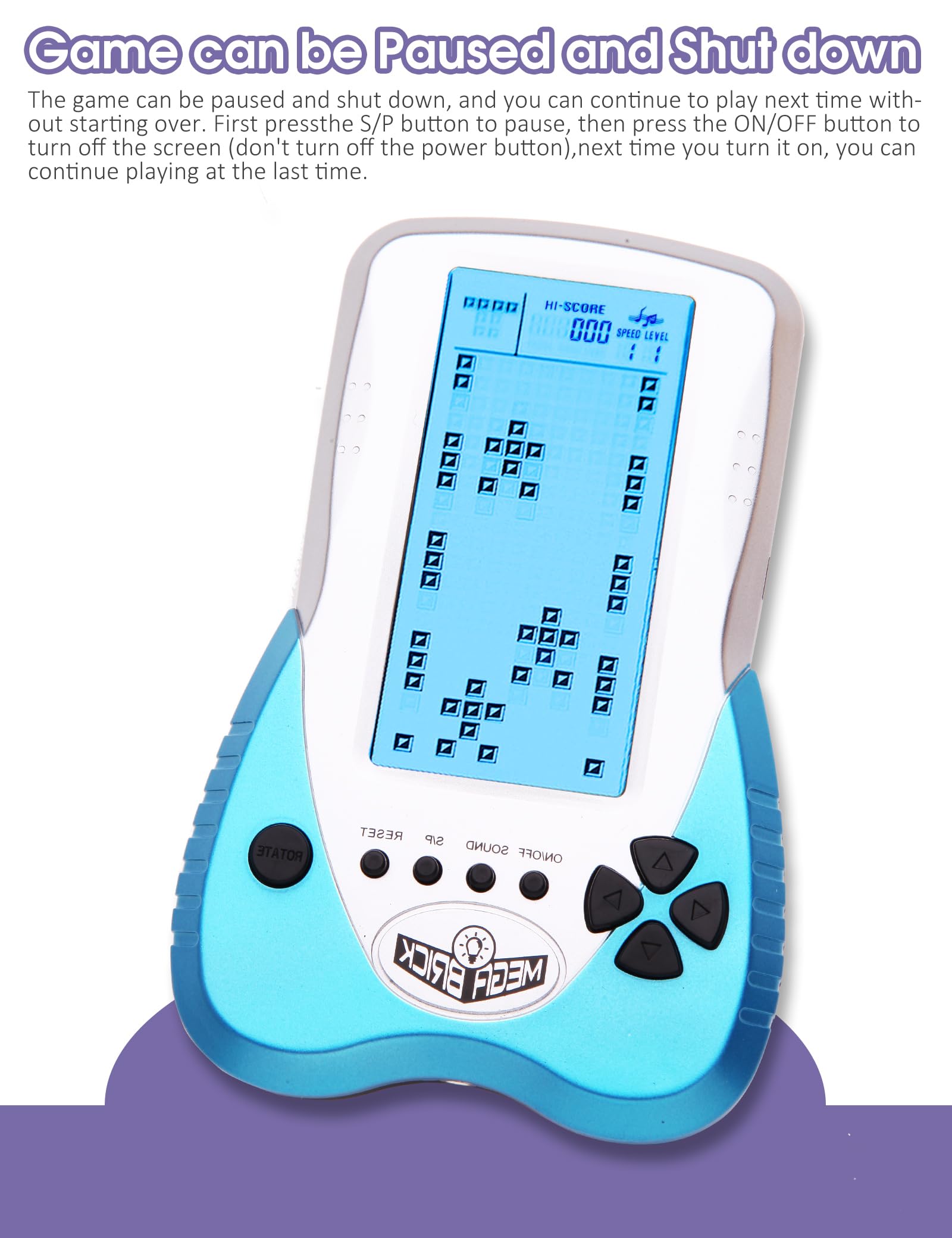 HLF New Retro Block Brick Game Console Large Screen Blue Backlight Brightness can be Adjusted Build in 23 Game Compatible with Lithium Battery/AAA Batteries can Plug in Headphone (Blue)