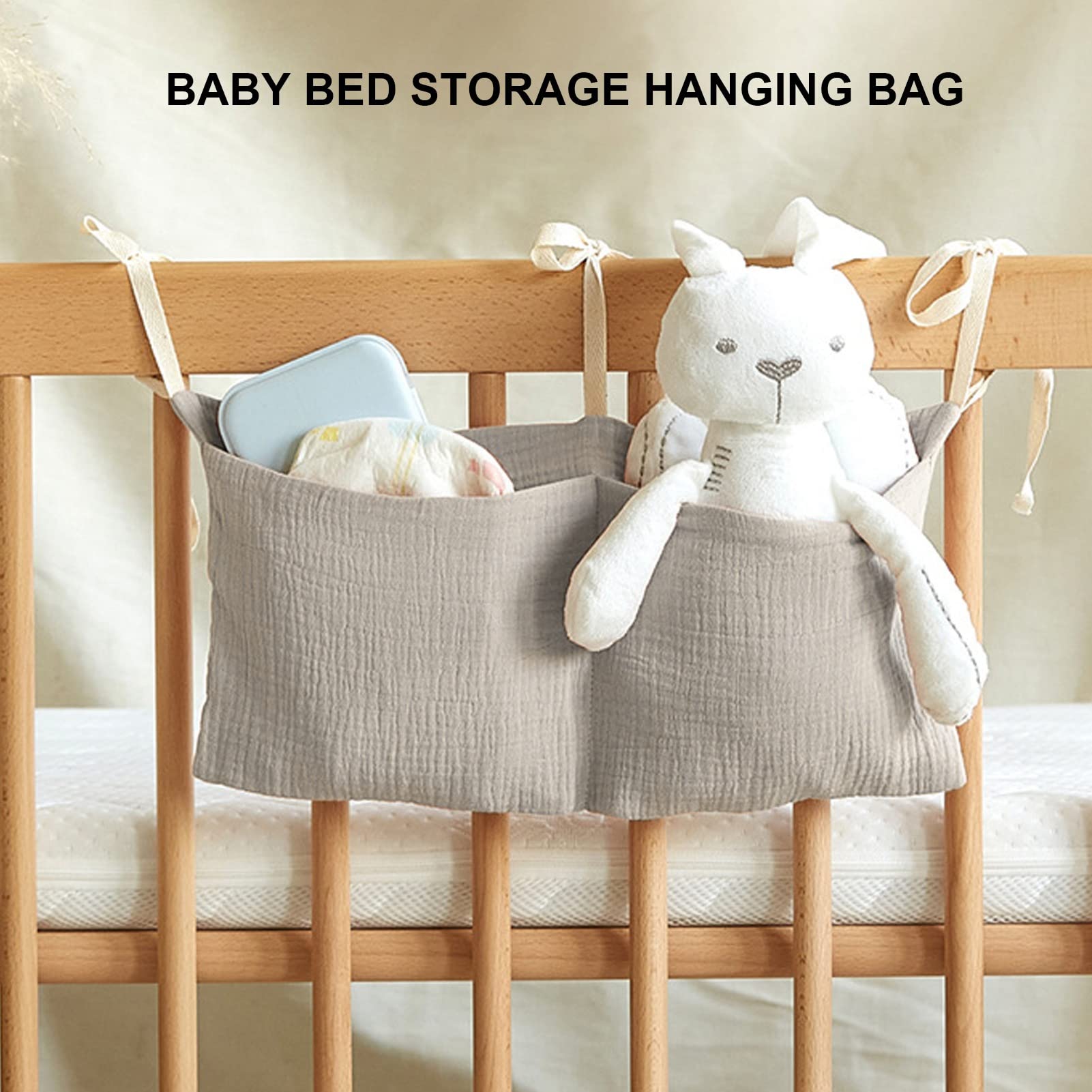 Baby Bed Hanging Bag, Baby Bedside Toy Bag Strap Pure Cotton Fabric 2 Pockets for Home (Beige)