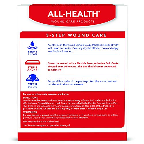 All Health Flexible Foam Adhesive Pad, 10 Pads, 3.5 in x 4.5 in, 8 Hour Protection | Waterproof Bandage for Covering Wounds