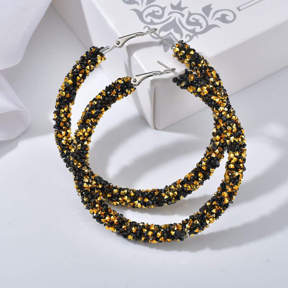 Aimimier Bridal Crystal Hoop Earrings Sparkling Rhinestone Large Round Loop Earrings Crystal Paved Wedding Prom Party Festival Jewelry for Women(Black and gold)