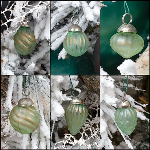 AuldHome Small Glass Finial Ornaments (Set of 12, Soda Glass); Distressed Metal Antique Style Christmas Decorations; Small to Medium Tree Sized