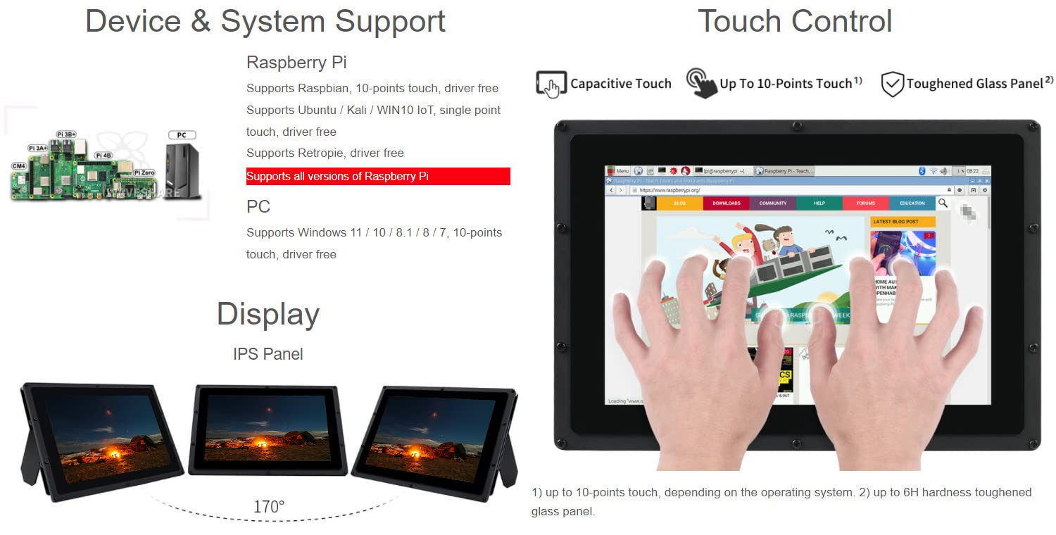 waveshare 10.1inch Capacitive Touch Screen LCD Compatible with Raspberry Pi 5/4B/3B/Zero/Zero W/Zero 2W/Pico/Pico W/Pico WH, Comes with Case and Toughened Glass Cover 1280×800 Resolution HDMI IPS