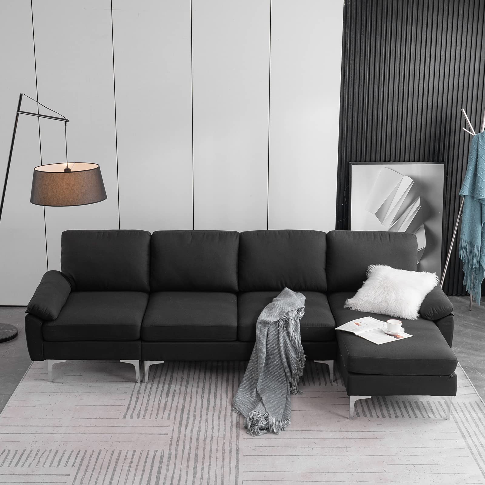Reversible Sectional Sofa L-Shaped Deep Seated 4-Seater Modern Linen Sofa Couch with Chaise Lounge Iron Feet Indoor Modular Sofa for Living Room (Black)