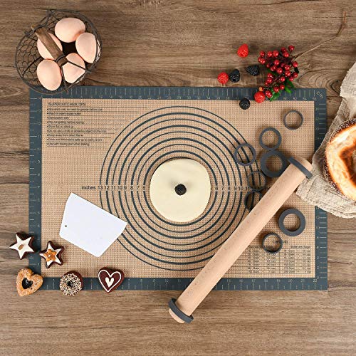 Adjustable Wood Rolling Pin with Thickness Rings for Baking -Non Stick Wooden Dough Roller Pin with Spacer Bands for Cookie,Pie Crust, Pastry Fondant and Bread By Folksy Super Kitchen (15.8, Grey)