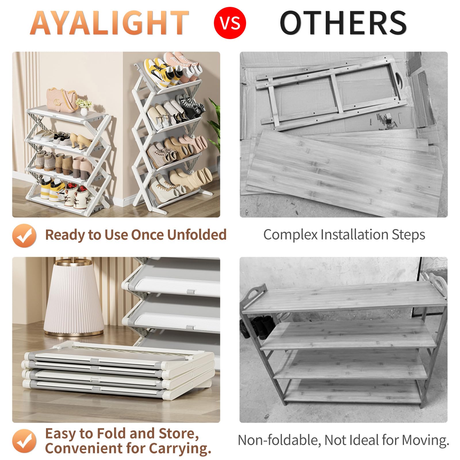 AyaLight Folding Shoe Rack - 3 Tier Shoe Storage Organizer with 2 Expandable Modes, Easy Assembly-Free Design, Portable and Space Saving for Easy Moving, Entryway, Bedroom, Door