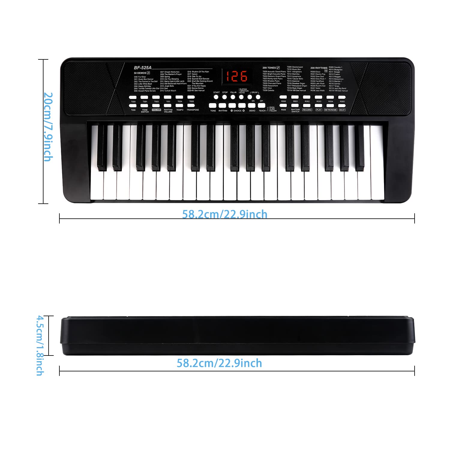 M SANMERSEN Piano Keyboard for Beginners, 37 Keys Built-in 1200mA Rechargeable Battery Electronic Piano Keyboard Portable Music Piano Keyboard with Mic LED Screen Teaching Gift for Beginners, Black