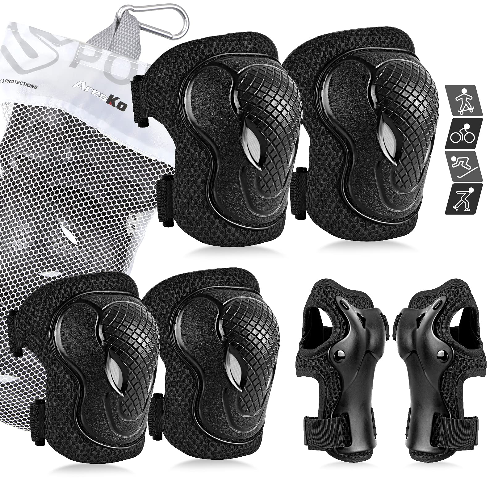 AresKo Kids/Youth Protective Gear Set, Kids Knee Pads and Elbow Pads Wrist Guard Protector 6 in 1 Protective Gear Set for Scooter, Skateboard, Bicycle, Inline Skating