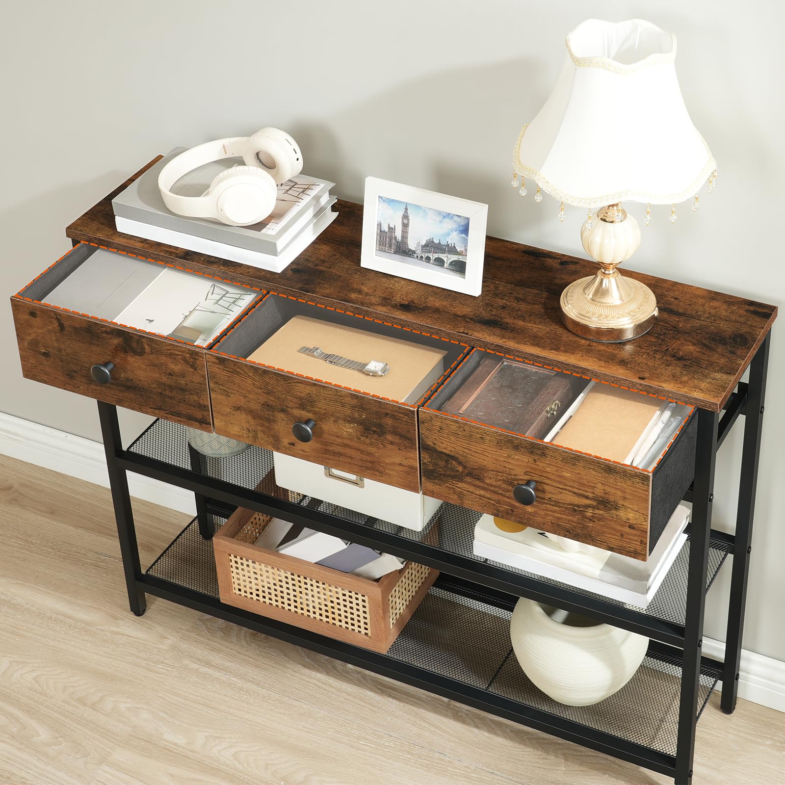 HOOBRO 39.4" Narrow Console Table with 3 Fabric Drawers, Small Entryway Table with 3-Tier Storage Shelves, Thin Sofa Table, Side Table, for Living Room, Hallway, Rustic Brown and Black BF82XG01