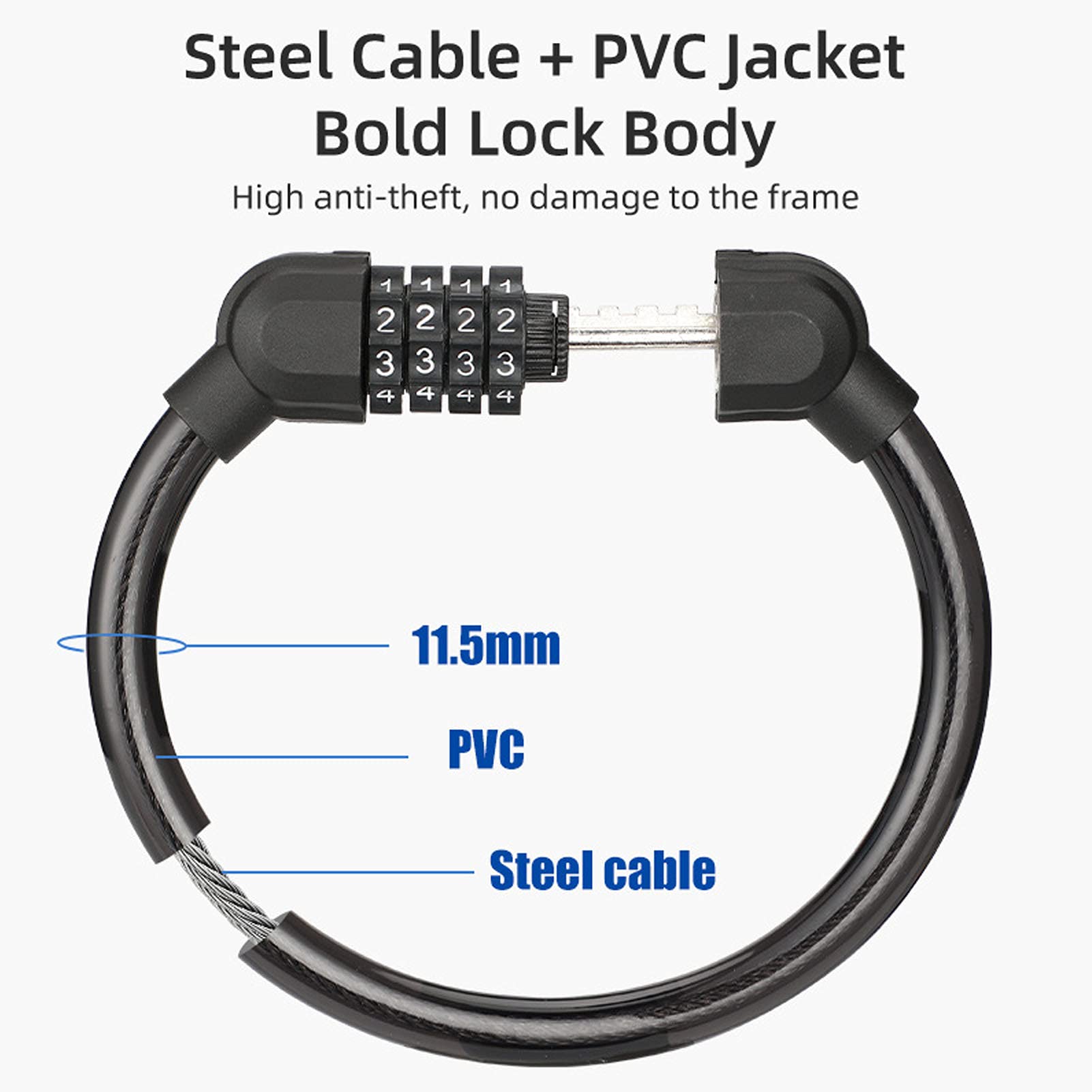 Anti Theft Bike Lock, Bicycle Cable Locks 4‑Digit Number High Security Bike Lock Beautiful Appearance for Outdoors for Cycling(Black)