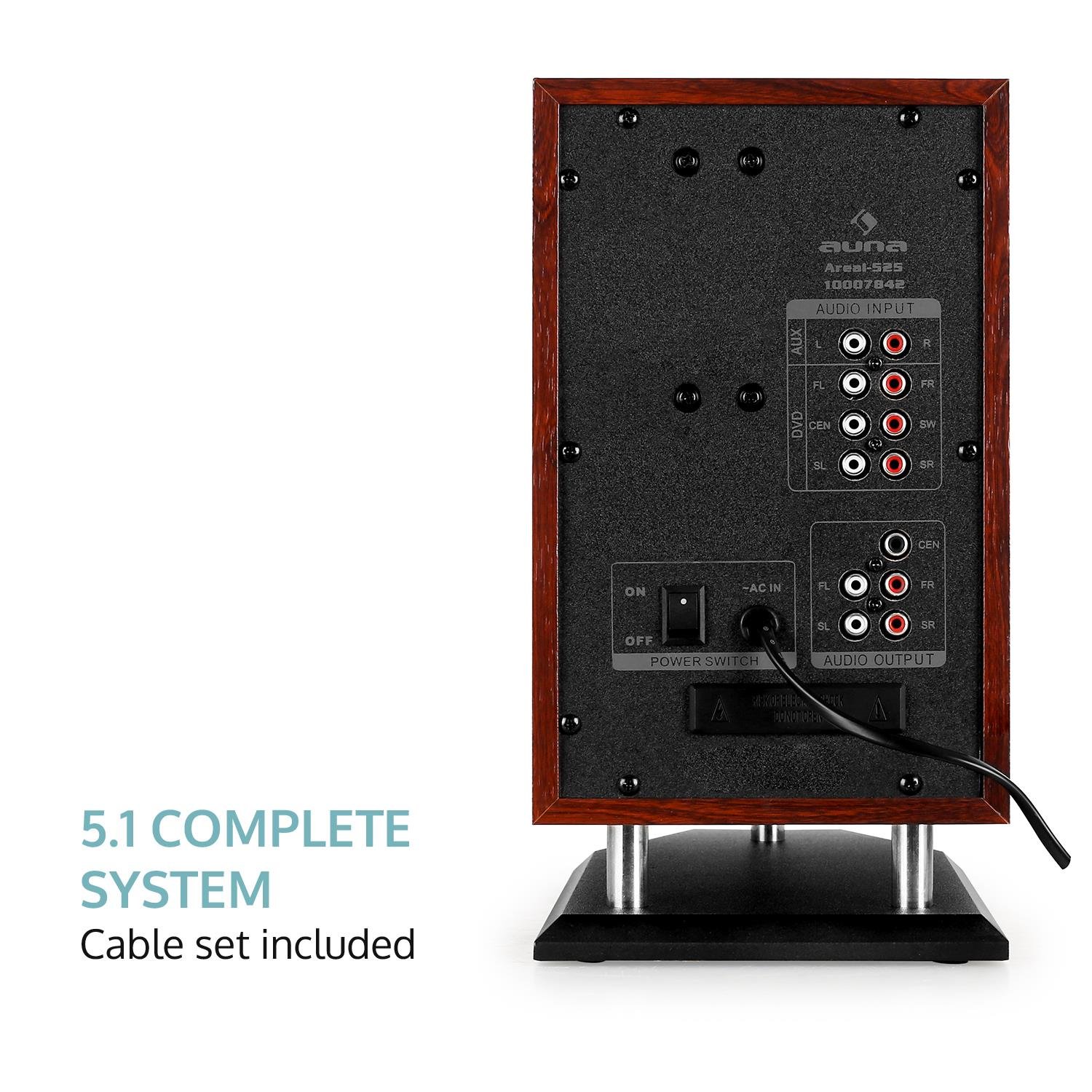 AUNA Areal Active 525-5.1 Surround Sound System, Home Theater System, Elegant Design, Bass Reflex, 5 Satellite Speakers, Bluetooth, USB Port, SD, AUX, Walnut