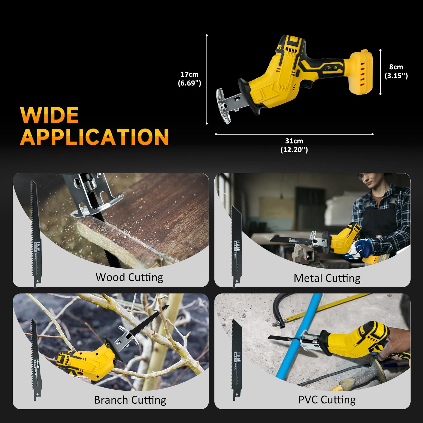 Cordless Reciprocating Saw for DeWalt 20V MAX Battery, 0-3000 SPM Variable Speed Trigger, Tool-free Blade Change, Power Recipro Saw with 4 Saw Blades for Wood & Metal, Trees, PVC Cutting(No Battery)