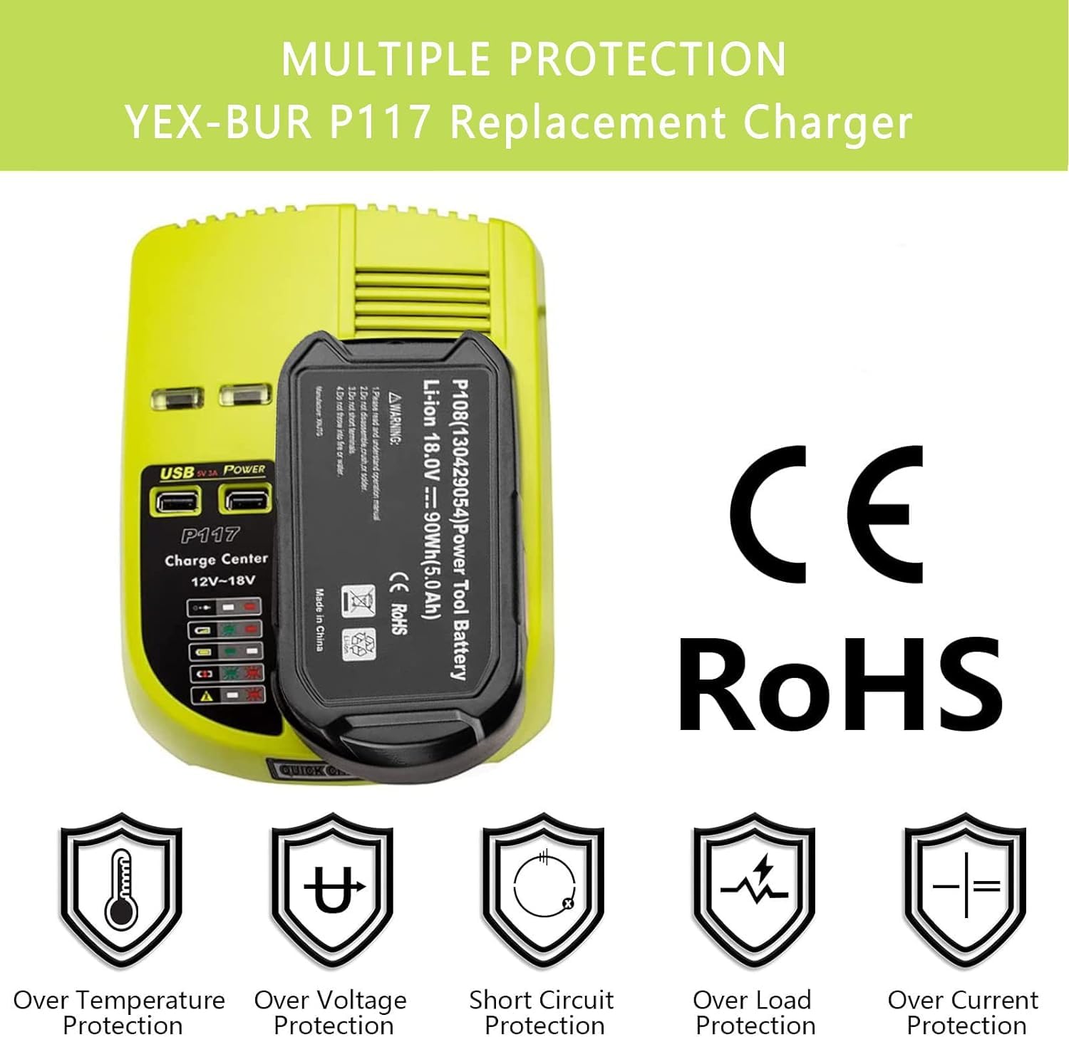 VANTTECH 2Pack P102 18V 3.0Ah Lithium Replacement Battery & P117 3A Fast Charger Compatible for Ryobi 18V Battery P103 P104 P105 P107 P108 P109 Compatible with Ryobi 18Volt Plus Power Cordless Tools