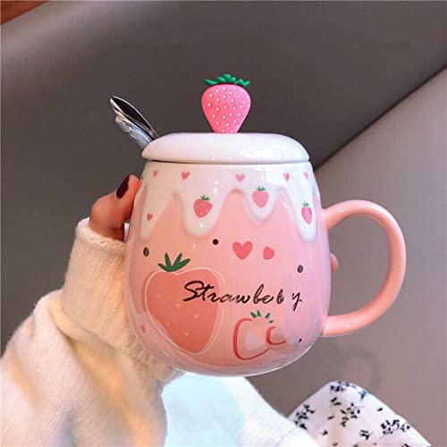Anjiyoyo Lovely Strawberry and Stainless Steel Scoop Ceramic Coffee Cup, Novel and Interesting Fruit cup, Lovers Milk cup, Creative Gift Pink Strawberry cup