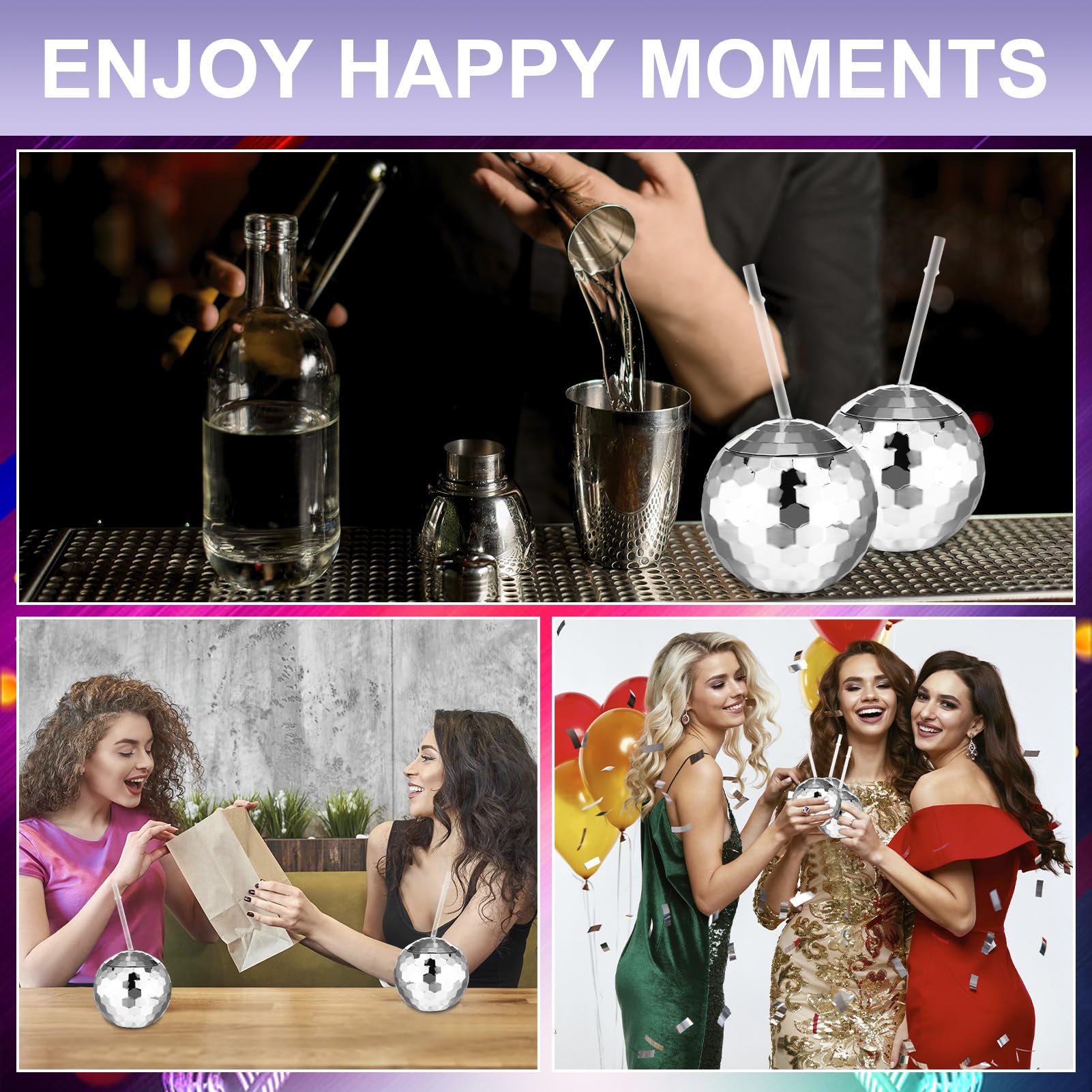 Guiqulai 9 Pcs Disco Ball Cups,20 Oz Tumbler Disco Flash Ball Cups,Reusable Spherical Cocktail Cups with Lid and Straw,Silver Disco Wine Cups for Nightclub Disco Bar Party Decor(9Pcs)