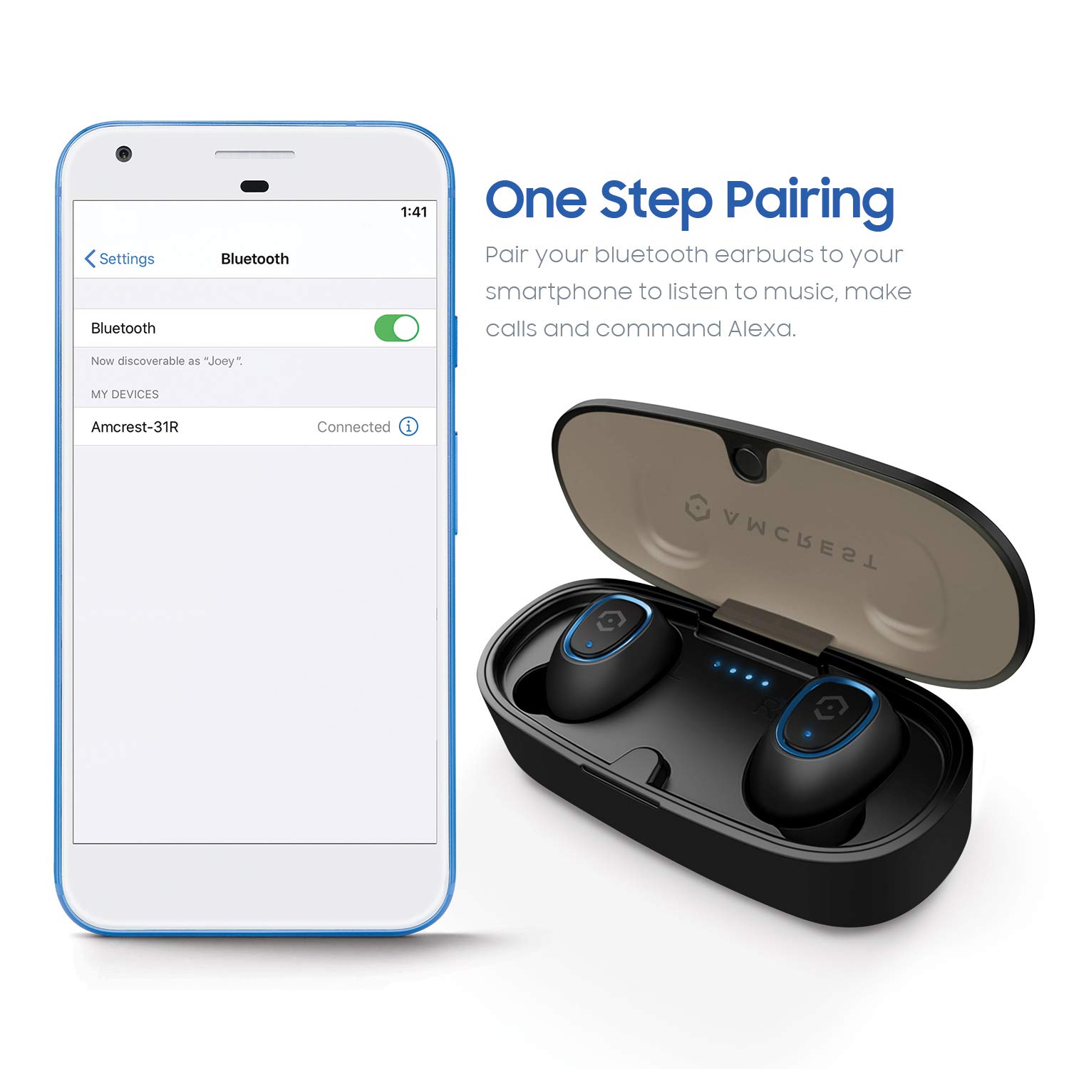Amcrest Bluetooth Earbuds with Microphone, Deep Bass, Bluetooth 5.0 TWS in-Ear Wireless Bluetooth Earbuds with Mic, Wireless Charging Case, IPX4 Weatherproof Google Assistant & Siri Compatible