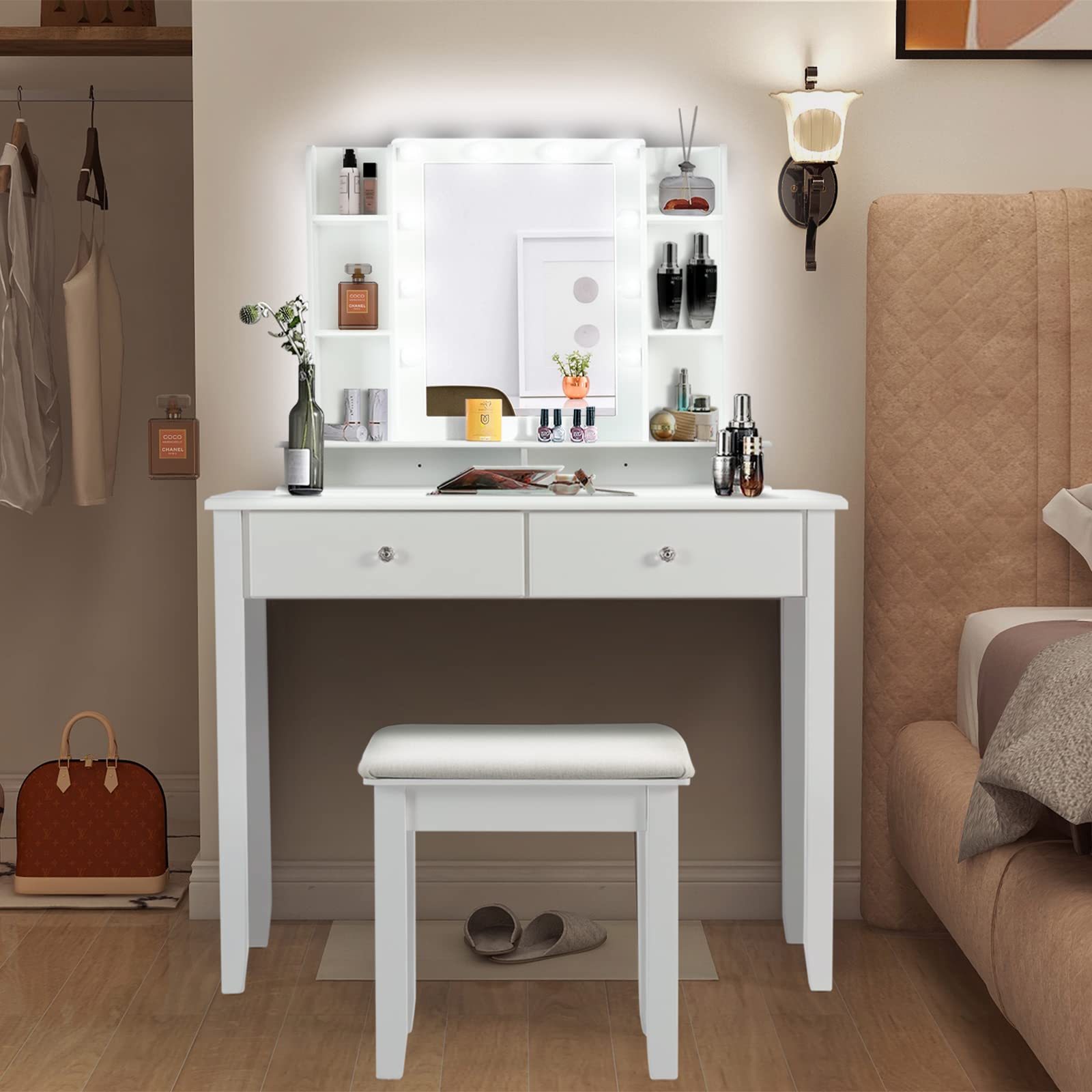 AODAILIHB Vanity Desk with Mirror and Lights, 35" Makeup Vanity Dressing Table with Vanity Stool/2 Drawers/Open Shelves/3 Color Lighting Modes & Brightness Bedroom Furniture (White)