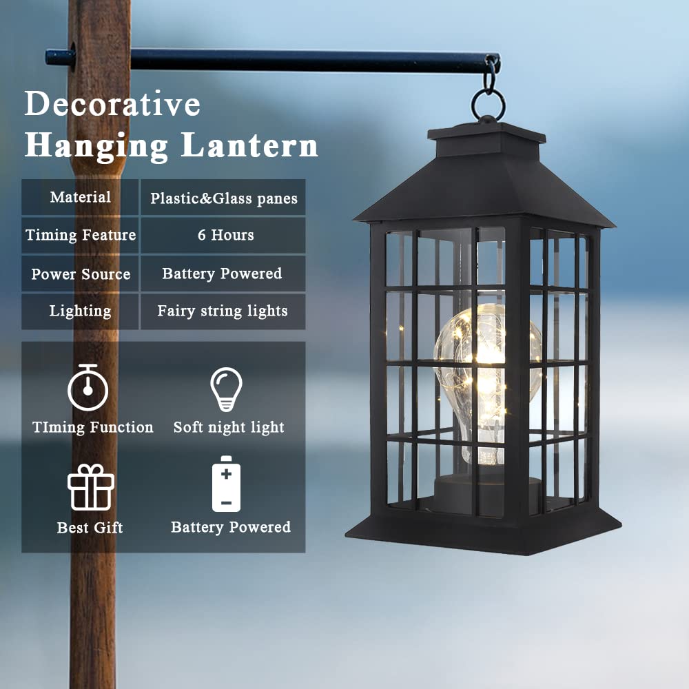 JHY DESIGN Waterproof Decorative Hanging Lantern 12''High Plastic Lantern Holder Battery Powered with LED Bulb and 6H Timer Lights for Balcony Garden Hallway Entryway Indoor Outdoor(Square Stripe)