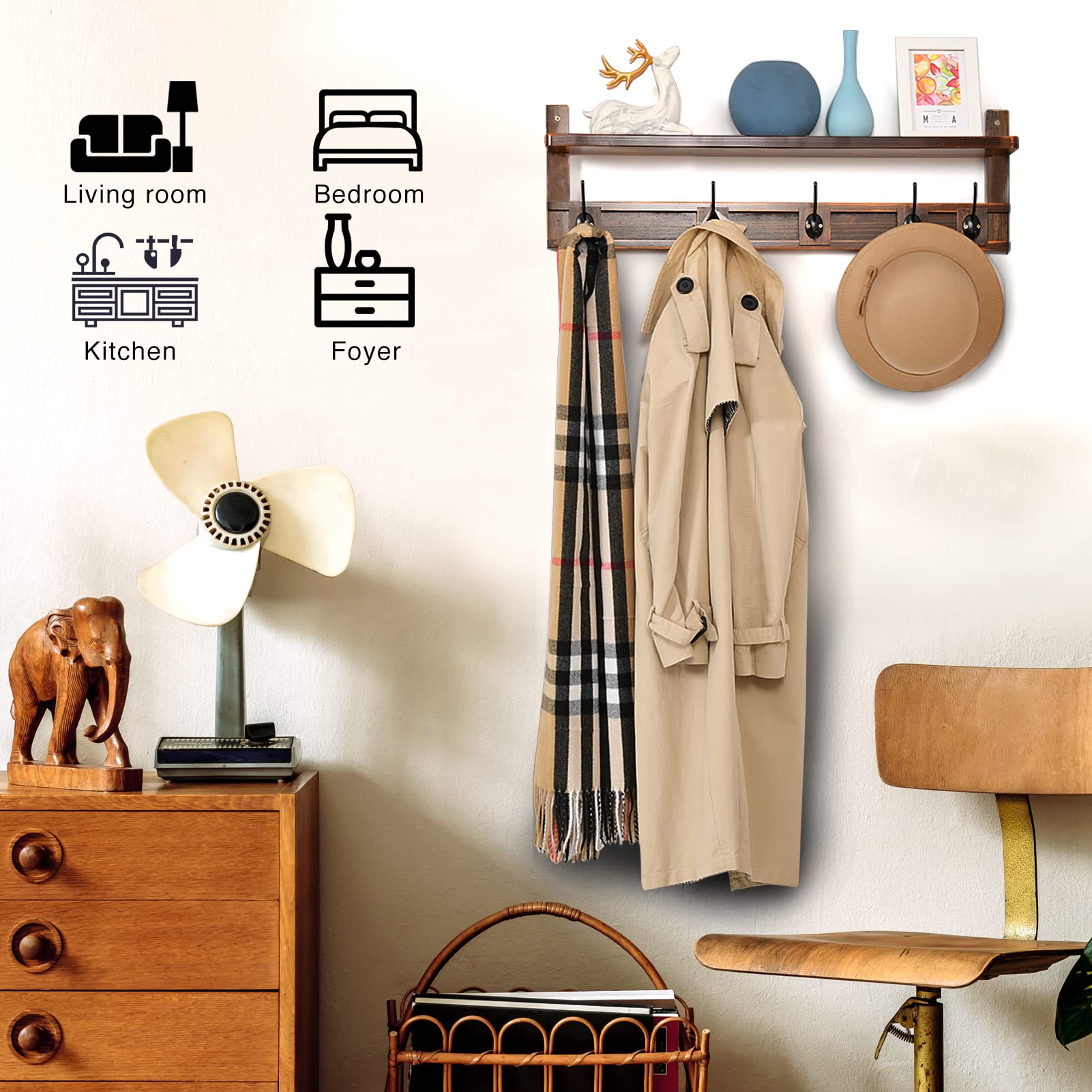 Popin Lover Coat Rack Wall Mount with Shelf, 28.9 Inches Coat Hooks Wall Mounted with 5 Hooks, Hat Wall Hooks for Hanging in Entryway, Living Room, Bathroom, Bedroom