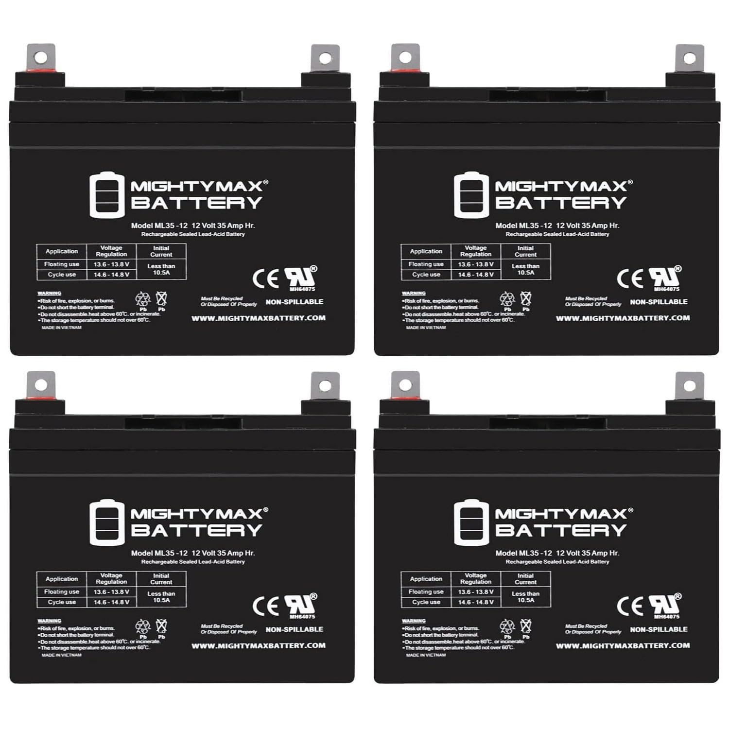 ML35-12 - 12V 35AH U1 Deep Cycle AGM Solar Battery Replaces 33Ah, 34Ah, 36Ah - 4 Pack