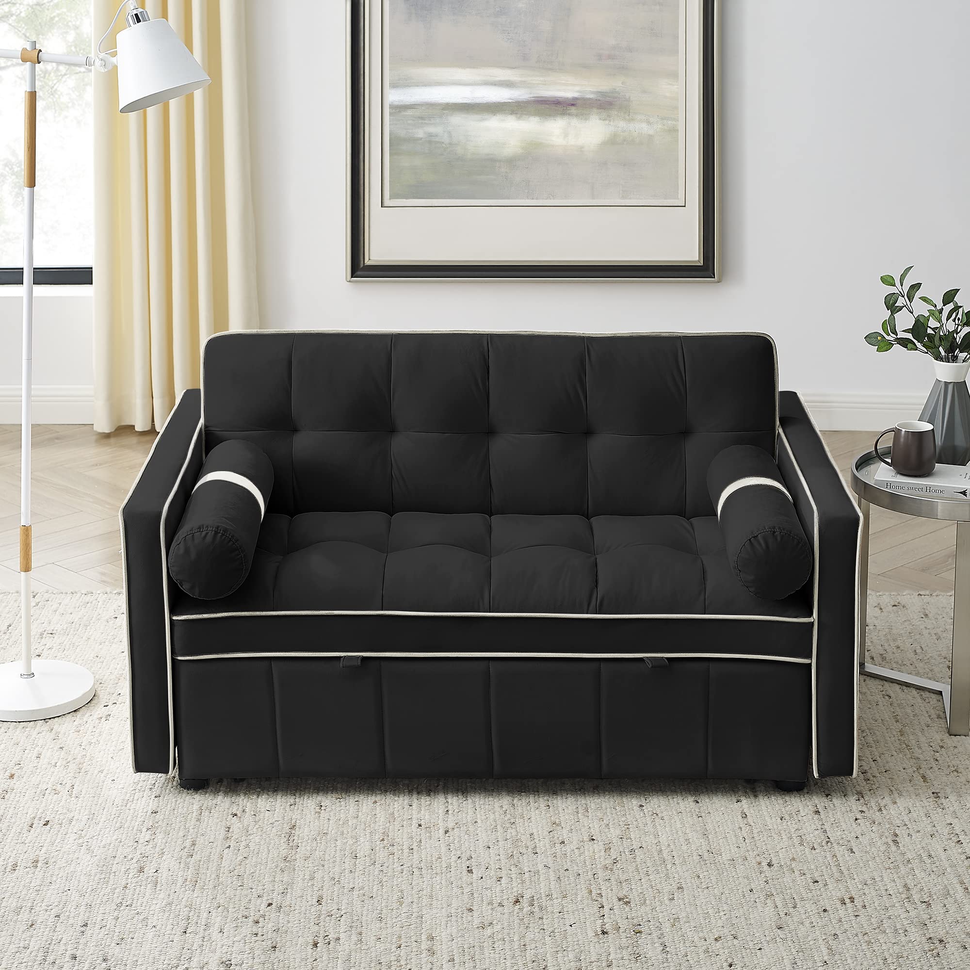 Ball & Cast 55.5" Convertible Sofa Bed, 3 in 1 Velvet Pull Out Couch with Side Pockets and Adjsutable Backrest, 2-Seater Sleeper Loveseat with Lumbar Pillows for Apartment Office Living Room,Black