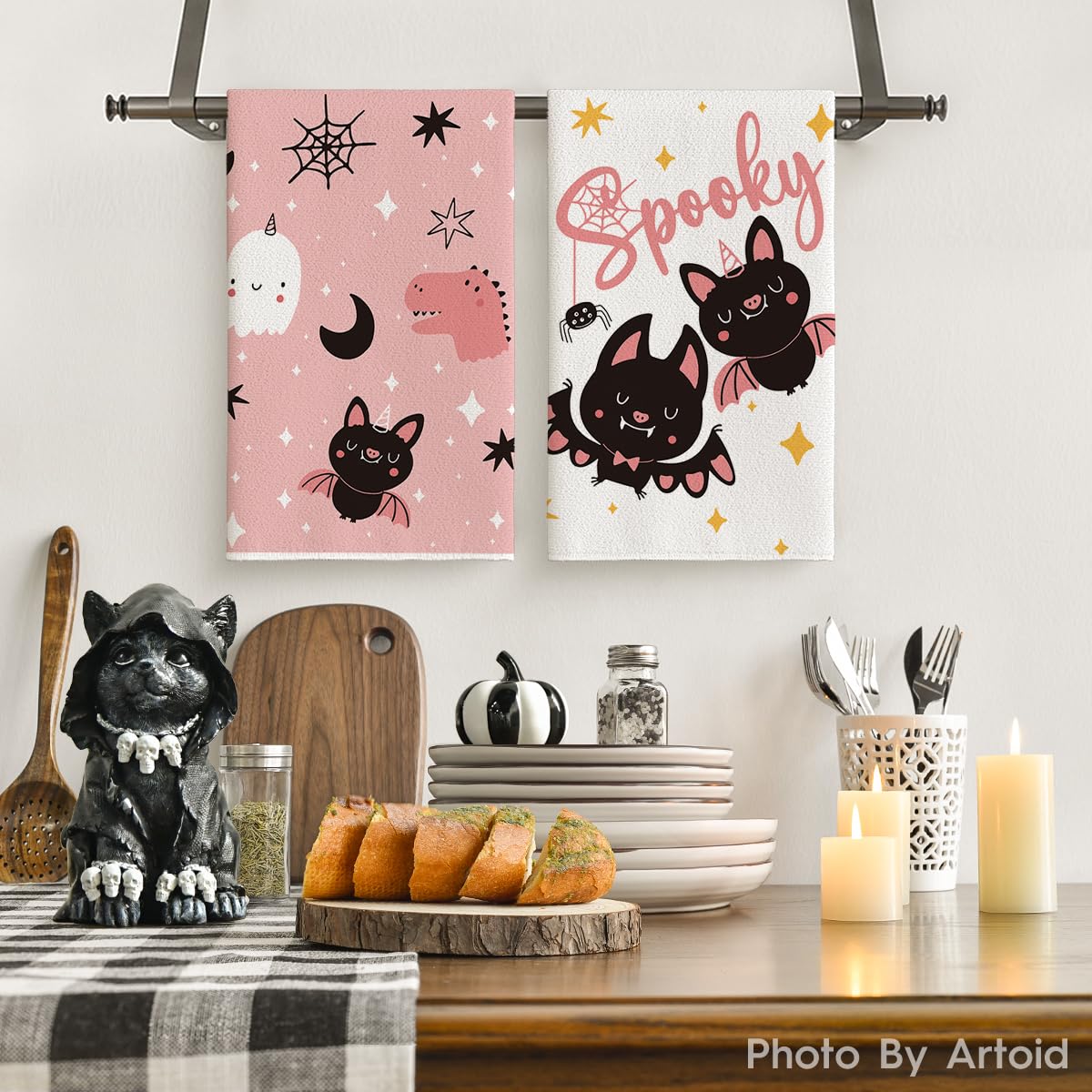 Artoid Mode Bats Ghost Trick or Treat Spooky Boo Spider Web Halloween Kitchen Towels Dish Towels, 18x26 Inch Seasonal Decoration Hand Towels Set of 4