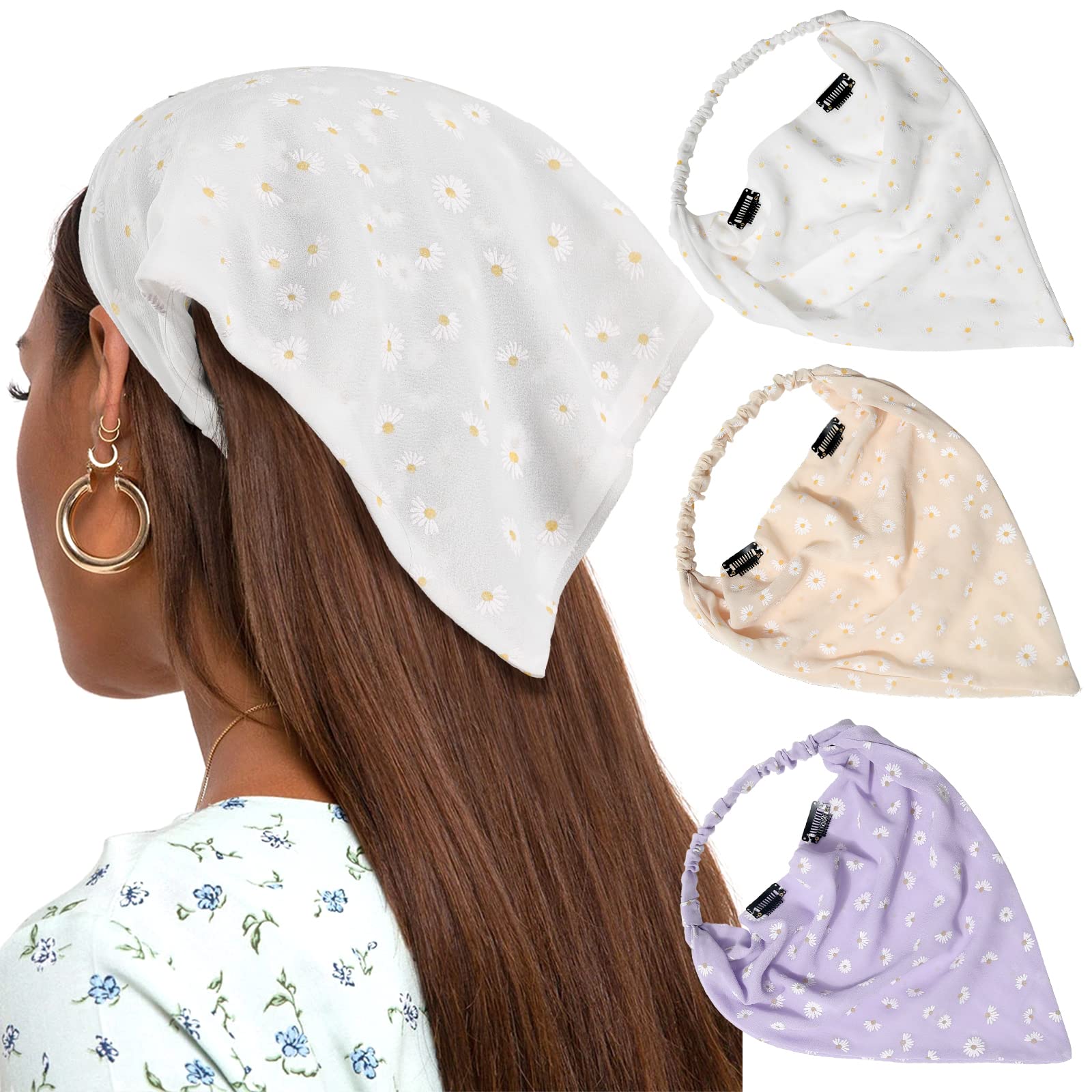 AWAYTR Elastic Hair Scarf Headband - 3 PCS Print Floral Hair Scarves with Hair Clips Kerchief Head Bandanas for Women (White/Beige/Purple)