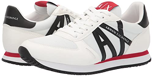 Armani Exchange Men's Lace Up Logo Sneaker, Optical White + Black, 12