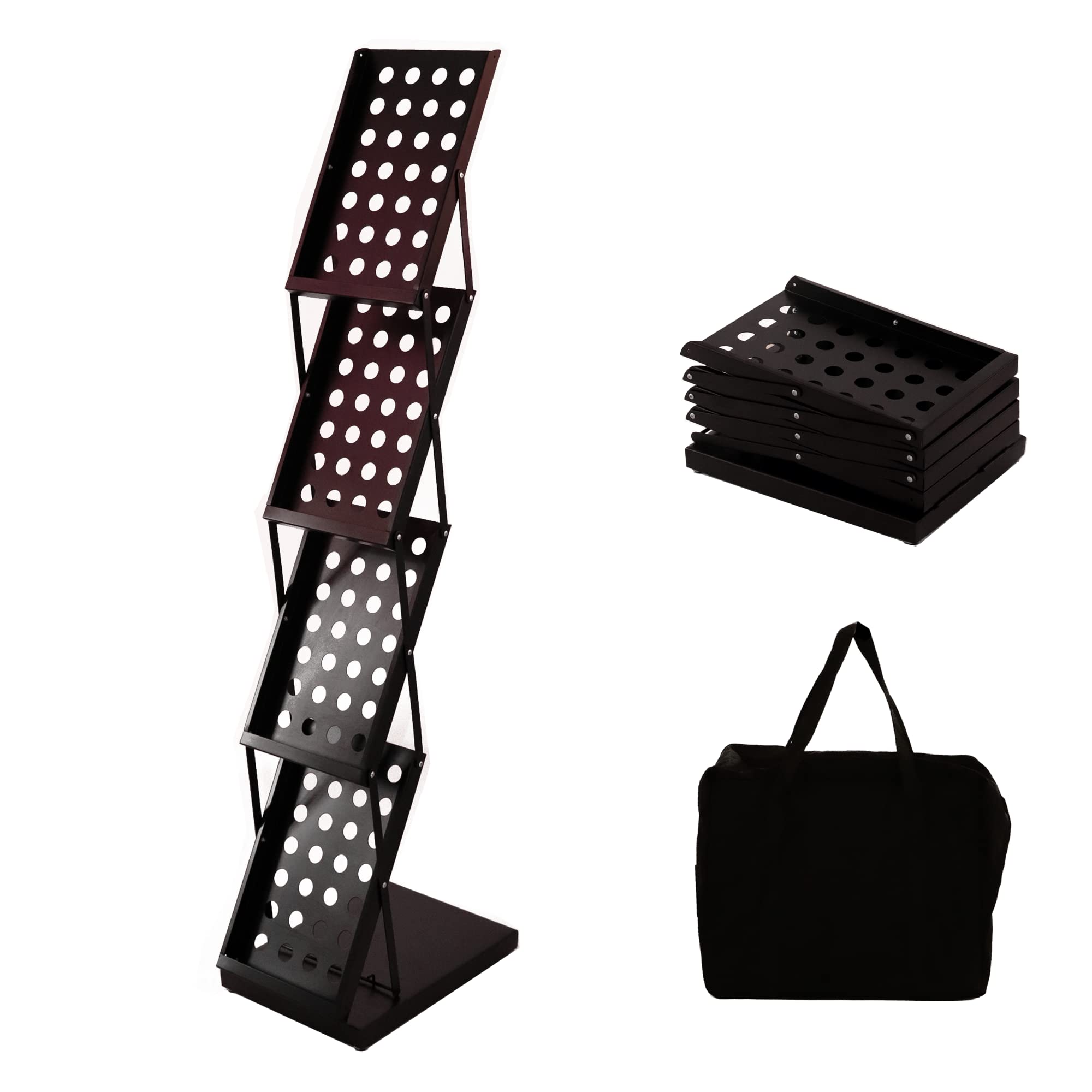 ARNOTEKS Foldable Brochure Display Stand Magazine Catalog Literature Rack Portable 4 Pockets with Carrying Bag，Stable Not Easy to Deform for Exhibitions Trade Show and Office Retail Store（Black）