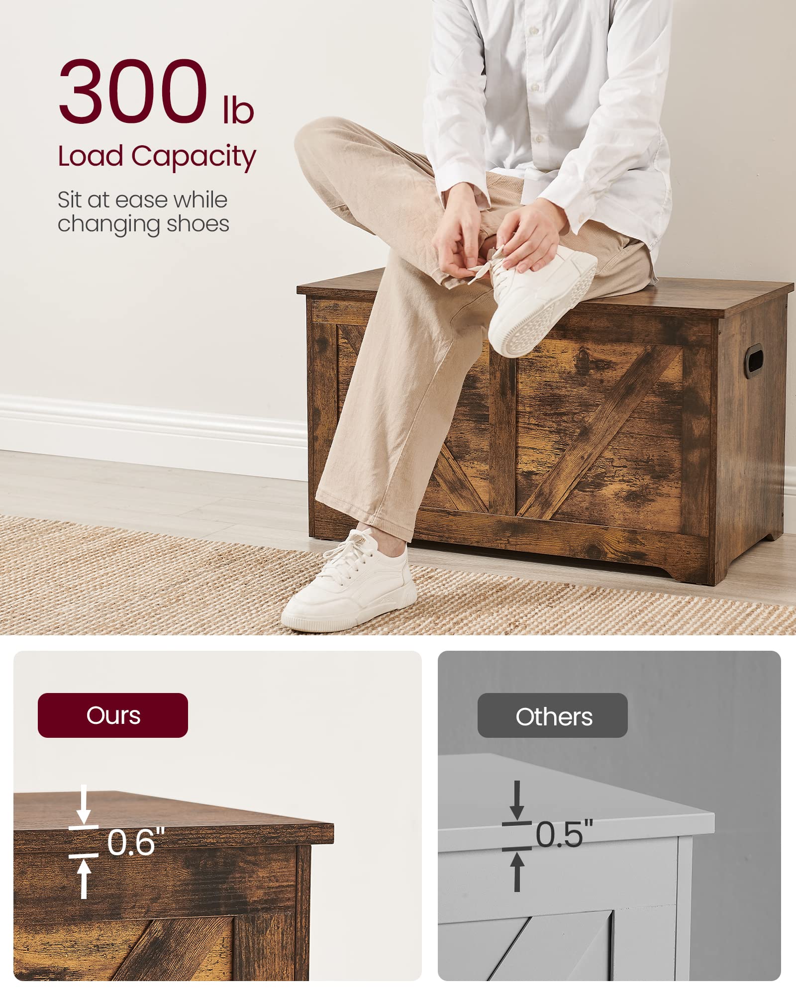 VASAGLE Storage Chest, Storage Trunk with 2 Safety Hinges, Storage Bench, Shoe Bench, Farmhouse Style, 15.7 x 31.5 x 18.1 Inches, for Entryway, Bedroom, Living Room, Rustic Brown ULSB062T01