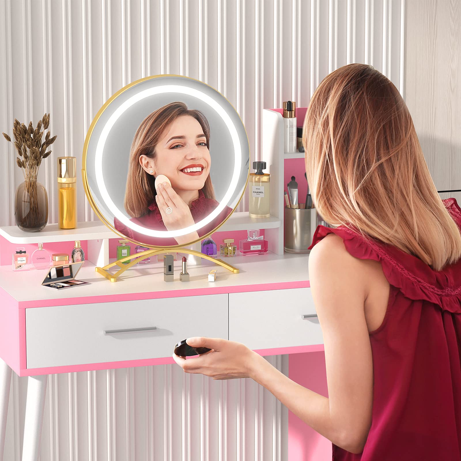 armocity 45 Inches Vanity Desk with Lights, Bright Color Makeup Vanity Table Set with Mirror, Large Dressing Table with Stool for Bedroom, Bathroom, Small Space, 3 Adjustable Lighting Modes, Pink