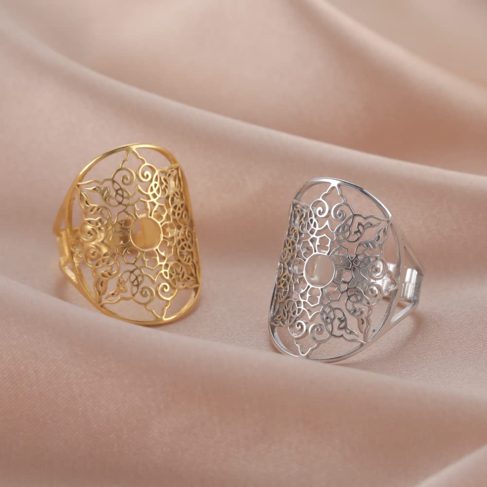 Amaxer Snowflake Ring Geometric Filigree Flower Ring for Women Adjustable Stainless Steel Vintage Finger Rings (Silver)