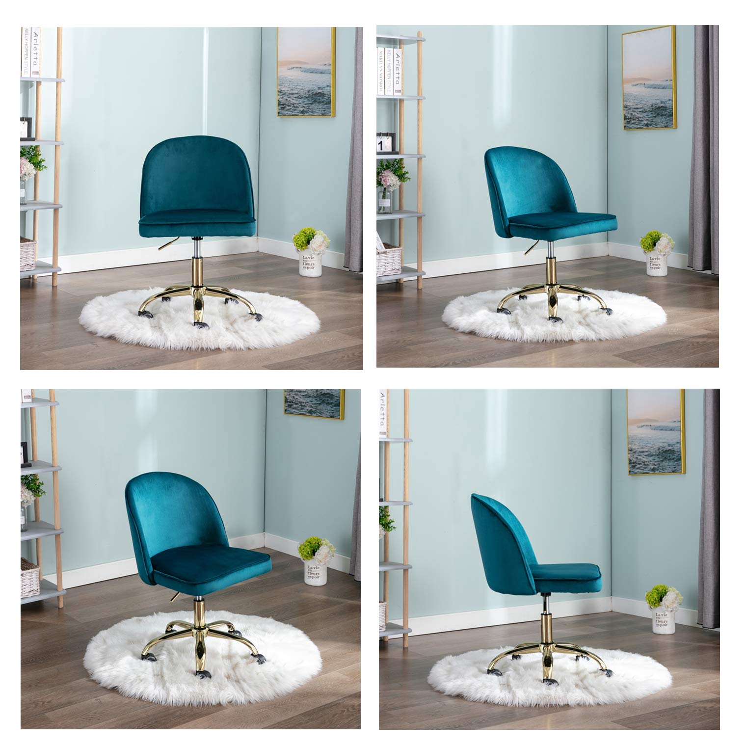 Armless Home Office Chair Upholstered Velvet Swivel Task Chair Adjustable Vanity Chair with Wheels Modern Desk Chair for Study (Dark Teal)
