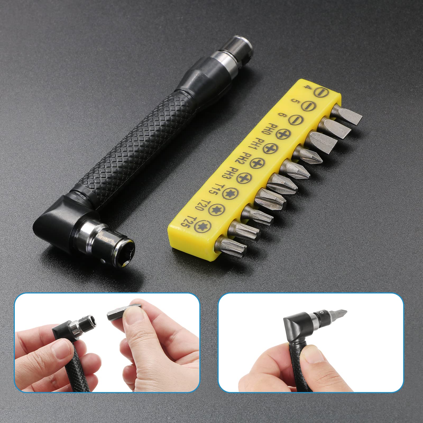 Jamiikury 90 Degree Right Angle Driver, 11.6 Inch Bendable & Flexible Screwdriver Extension Soft Shaft and 10pcs Screwdriver Bit Set, Power Screwdriver Drill Extension Kits - Pack of 12